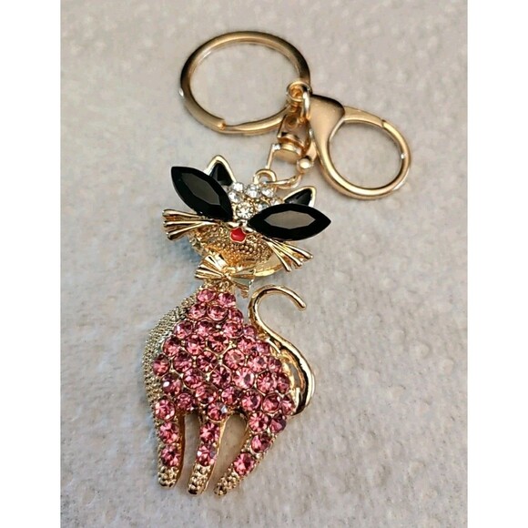 Unbranded | Accessories | Pink Gold Tone Rhinestone Funky Cat Bag Charm ...